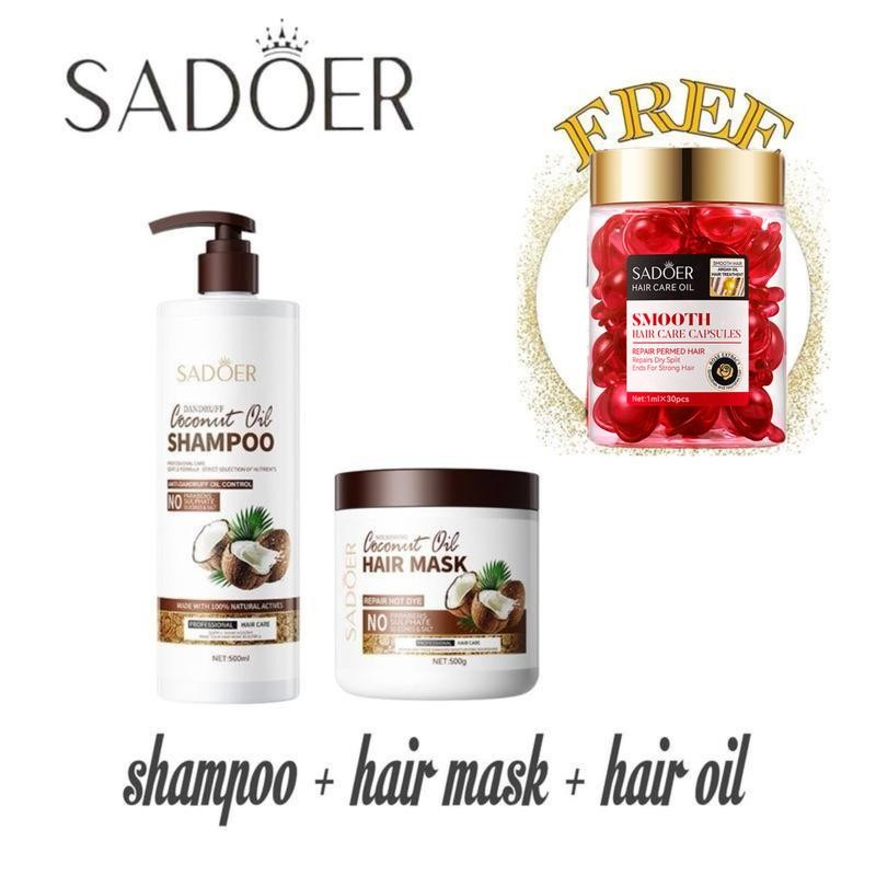 SADOER Coconut Oil Hair Care Set 2 in 1– Shampoo + Hair Mask + FREE Rose Smooth Hair Care ...
