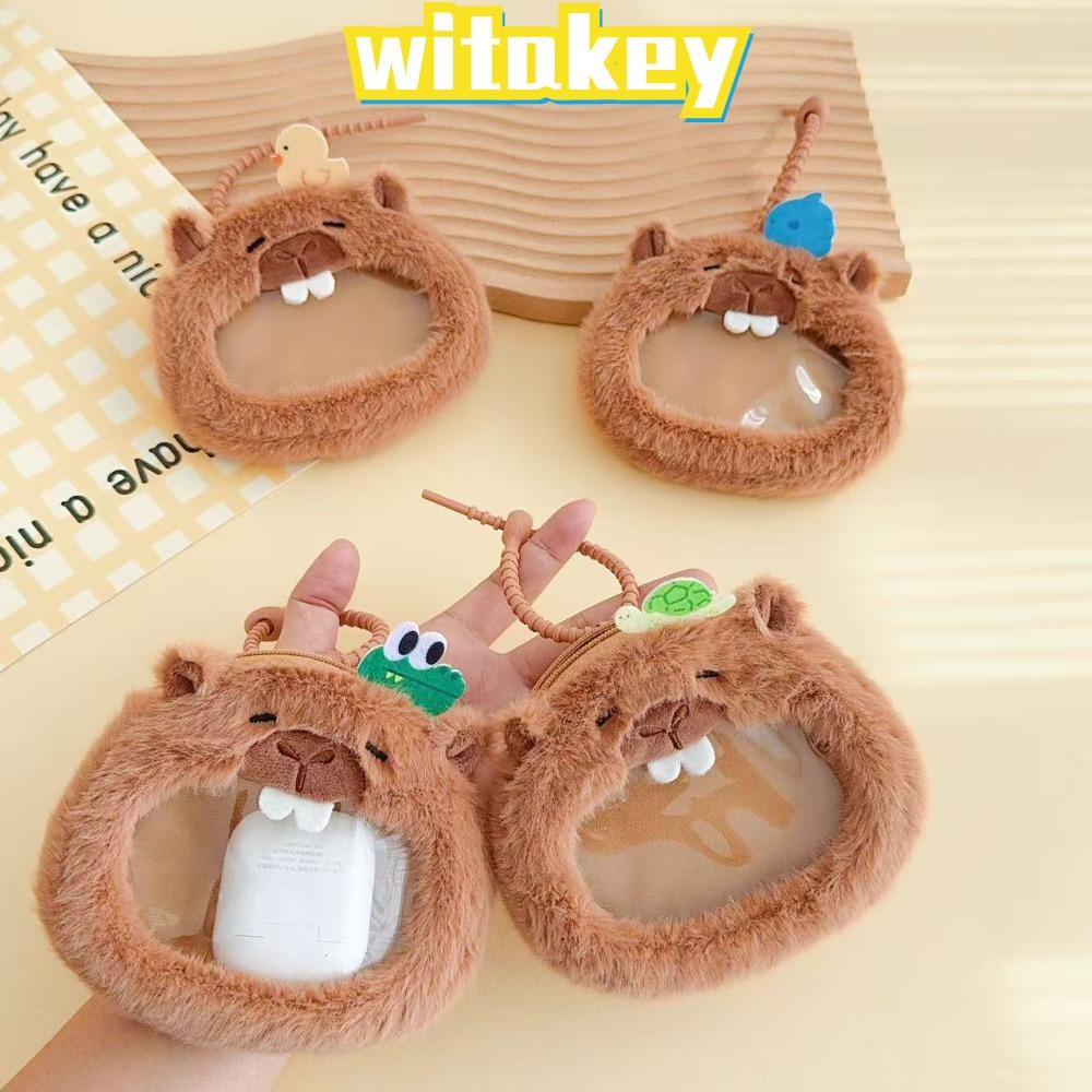 WITAKEY Earphone Bag, Cartoon Capybara Transparent Coin Purse, Kawaii Stuffed Doll Multifunction ...