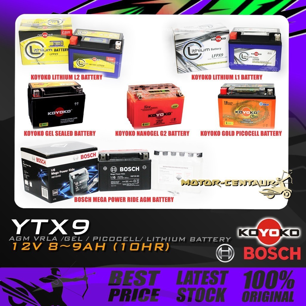 BATERI MOTOSIKAL KOYOKO/BOSCH LITHIUM/GEL/AGM BATTERY RBTX9/YTX9 FOR NS ...