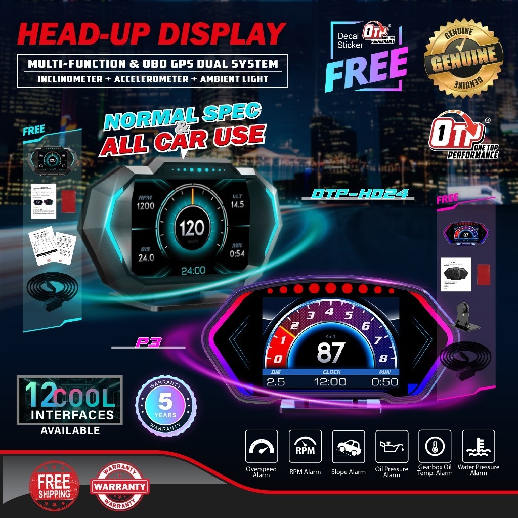OTP-H024 P3 OBD2 Meter Gauge Meter Car GPS Alarm Speed Head-Up LCD display Water temp RPM Turbo ...