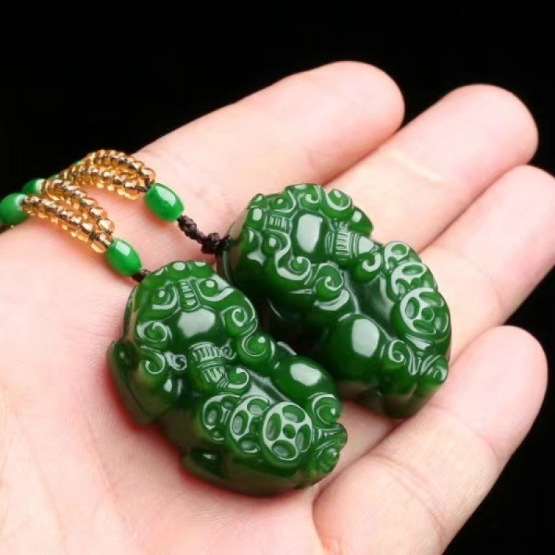 BGLY Green Pixiu Stone Necklace Fengsui Pixiu Necklace Piyao Jade Stone ...