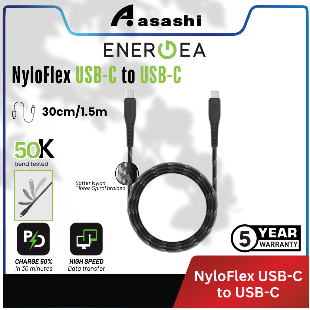 Energea Nyloflex C To C Cable Charge & Sync 480MBPS 5A 1.5M/30CM, Black ...
