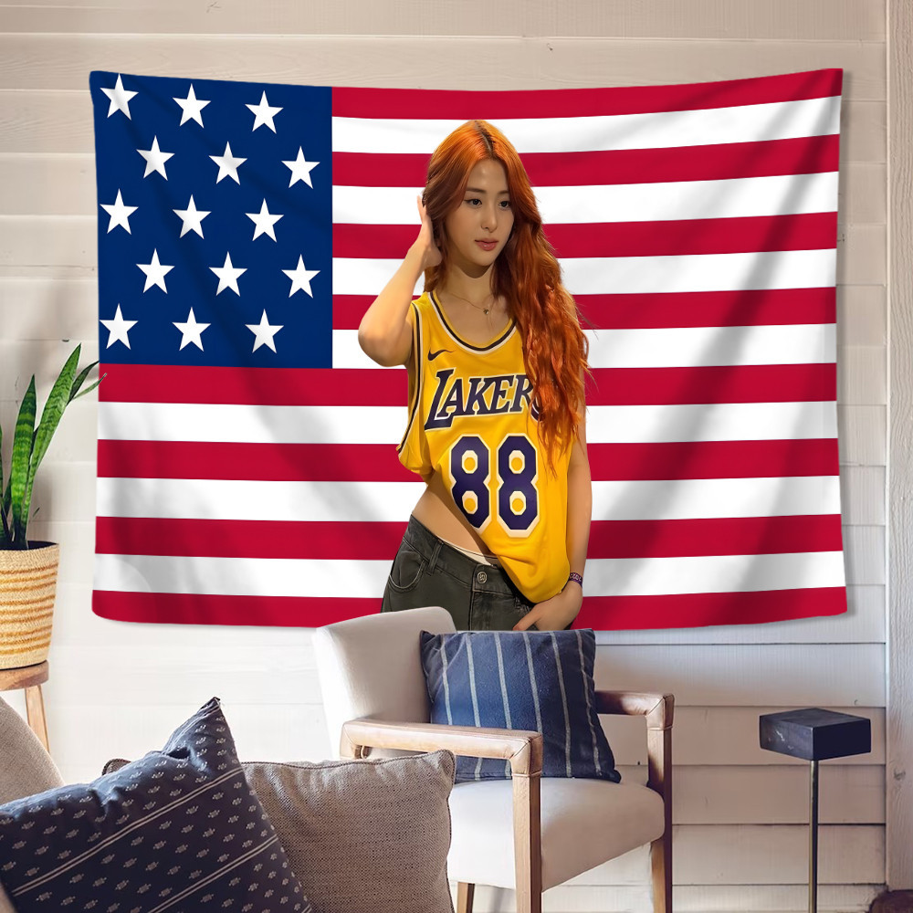 LE SSERAFIM Huh Yun Jin American Flag Wall Tapestry with Clips Polyester Tapestries Bedroom Wall ...