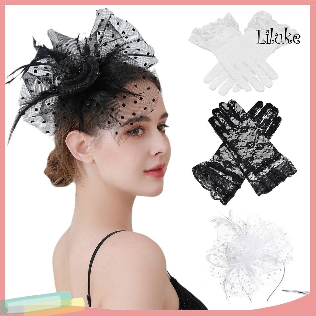 [LK] 1Pc/2Pcs Women Fascinator Hat Gloves Embroidery Flower Faux ...
