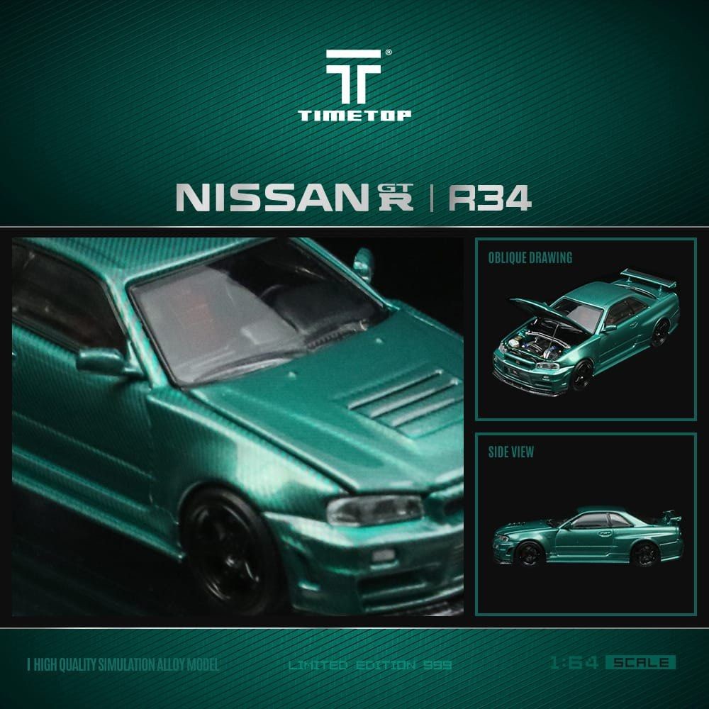 TIME TOP 1/64 Nissan Skyline GT-R (R34)- Green Carbon (Gift Box Version ...
