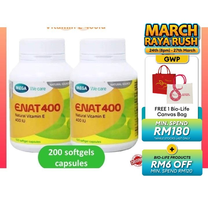 Mega ENAT 400 Natural Vitamin E 400 IU 100 softgel capsules x 2 bottles ...