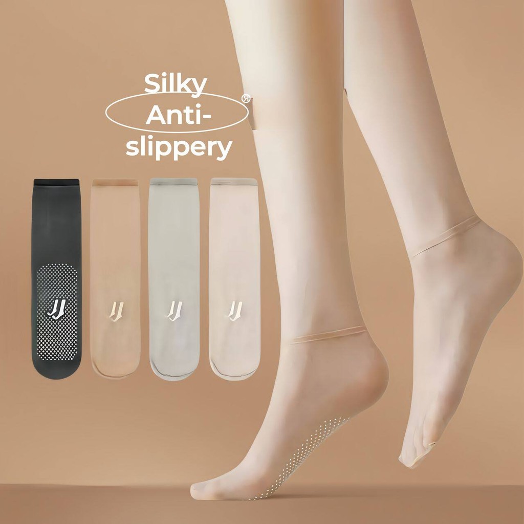 Silky crystal skin tone socks with anti slippery silicon dots detail ...
