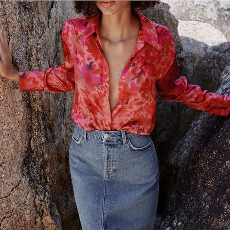 ZARA Rozana Red Floral Rose Soft Satin Collared Neckline Long Sleeve ...