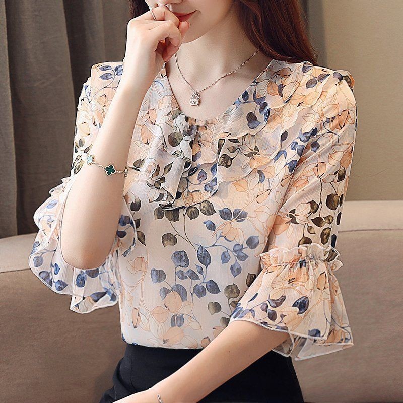 S-5XL Floral Chiffon Shirt Women Short Sleeve Tops Summer New Korean ...