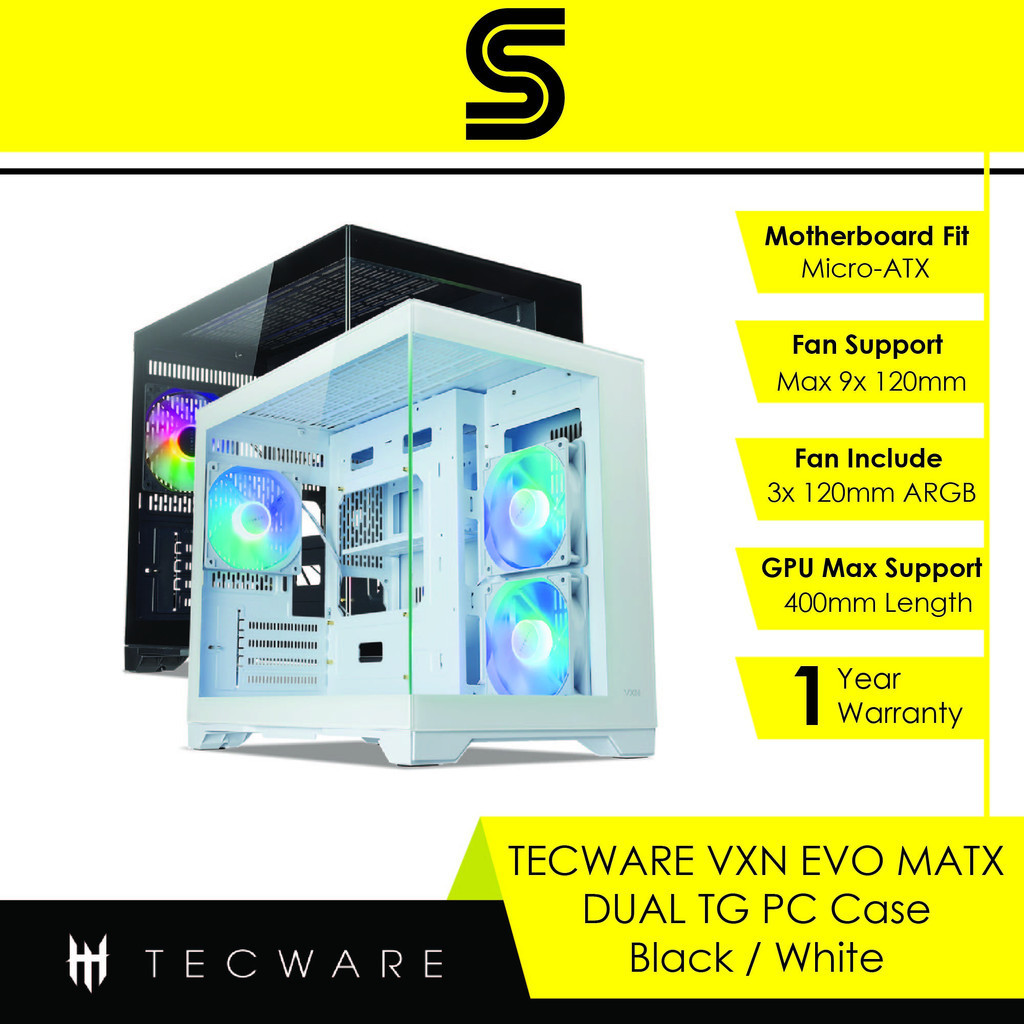 TECWARE VXN EVO DUAL CHAMBER Micro-ATX TG ARGB PC Case (Black/White ...