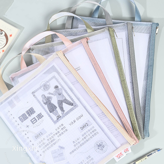 Double Layer Transparent Mesh File Bag Handheld Zipper Bag A4 Document ...