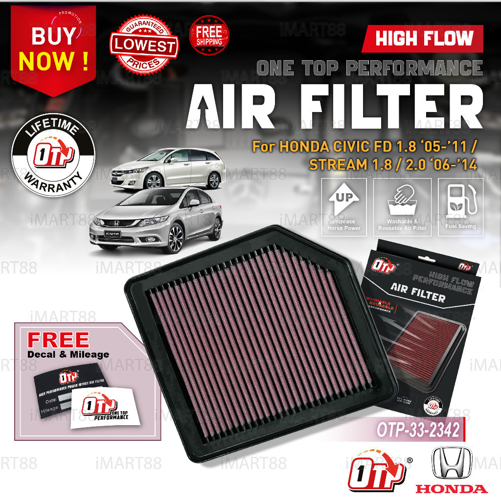 OTP Washable Drop In Air Filter Performance Honda CIVIC FD 1.8 2.0 ...