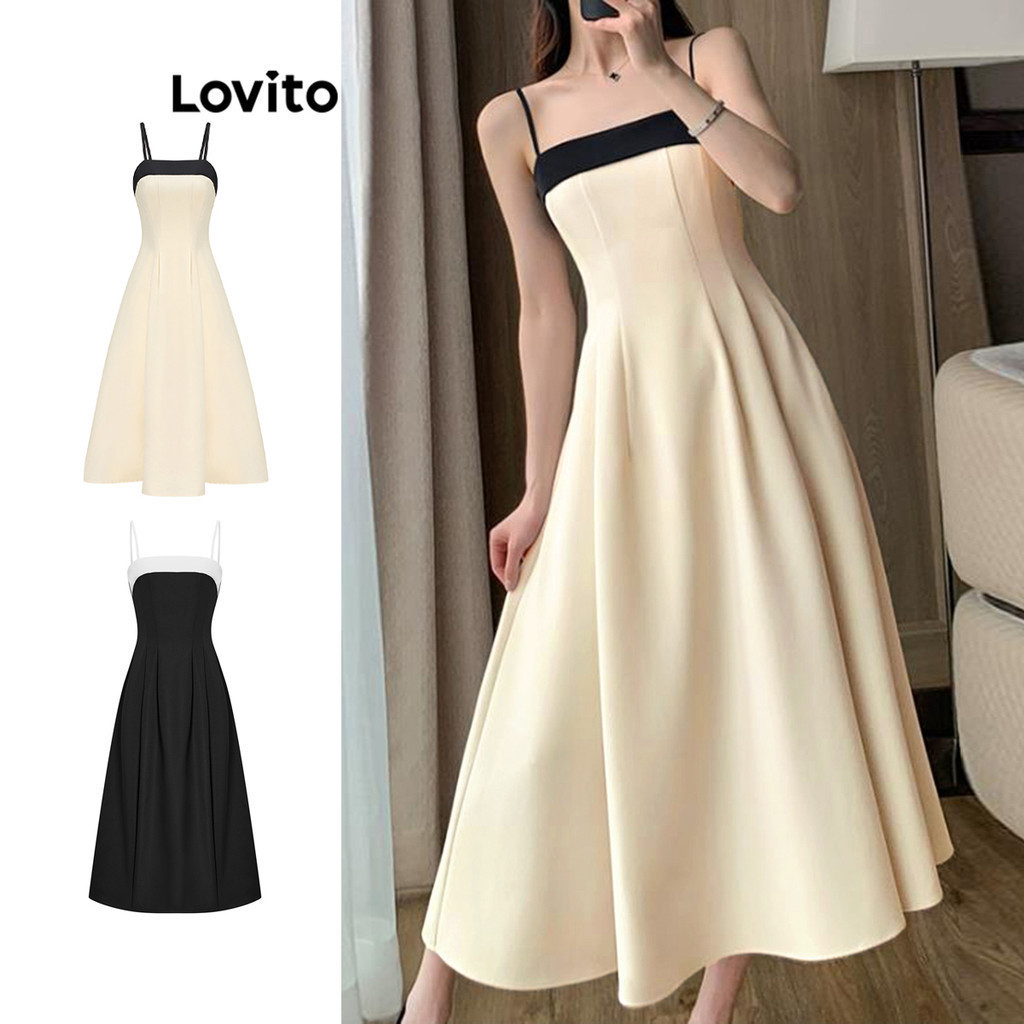Lovito Elegant Plain Colorblock Fabric Stitching Dress for Women ...