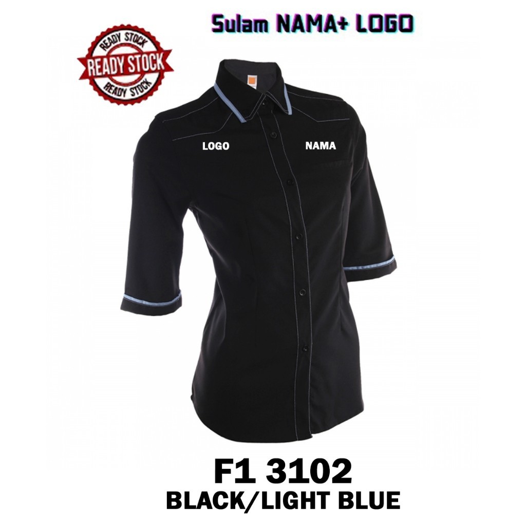 BAJU KORPORATE PEREMPUAN BLACK/LIGHT BLUE LENGAN TIGA SUKU F13102 ...