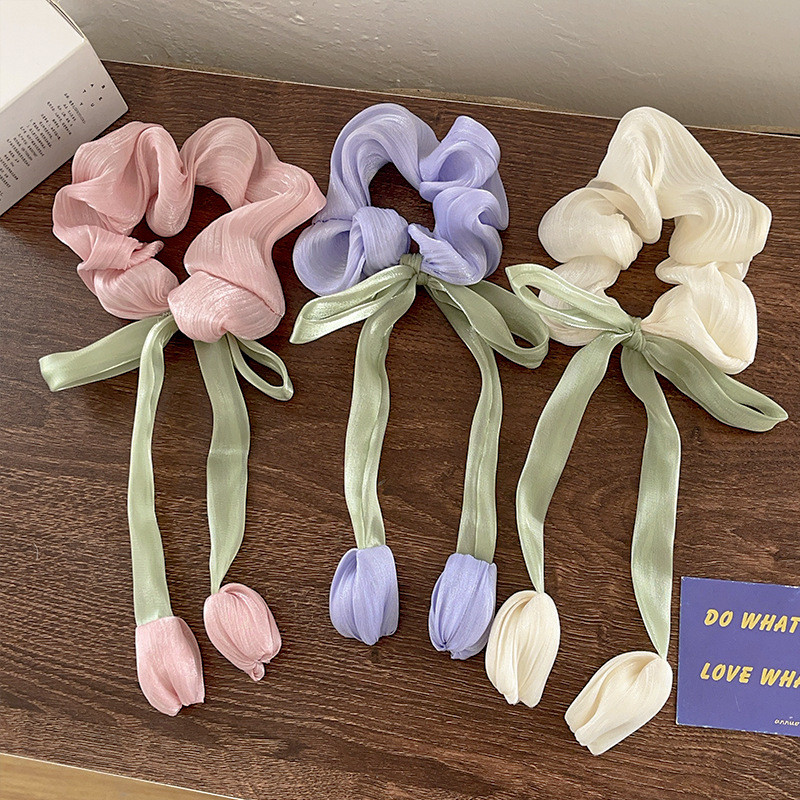 Mesh Tulip Bow Hair Ring Female Sweet High Stretch Streamer Scrunchie ...