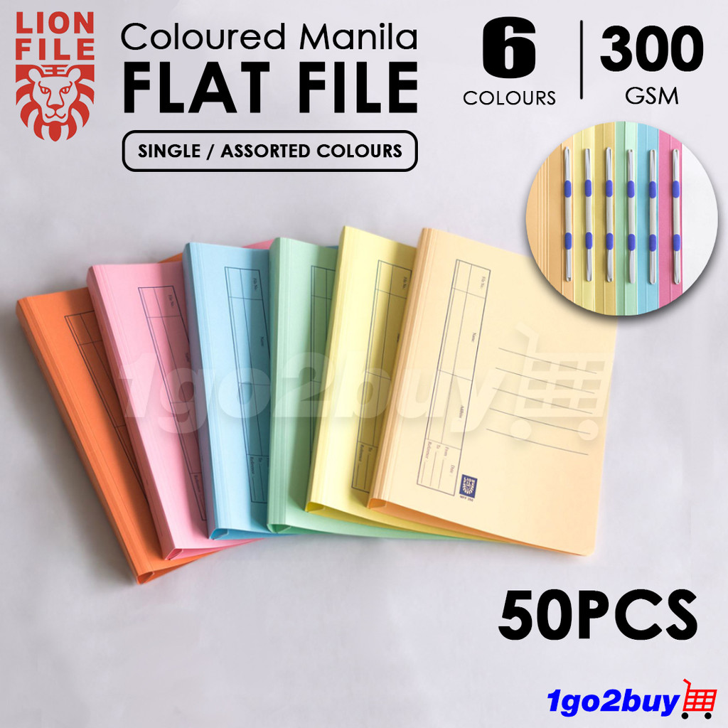 Lion File Flat File Assorted Colours Manila Files 300gsm Economical with Plastic Mechanism ...