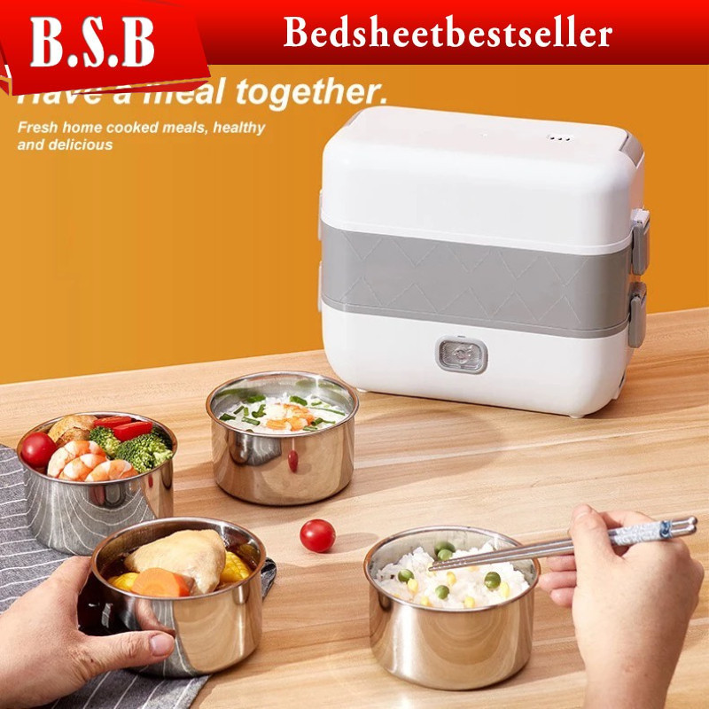 B.S.B Portable Electric Lunch Box Heating Double Layer Stainless Multifunctional Mini Rice ...