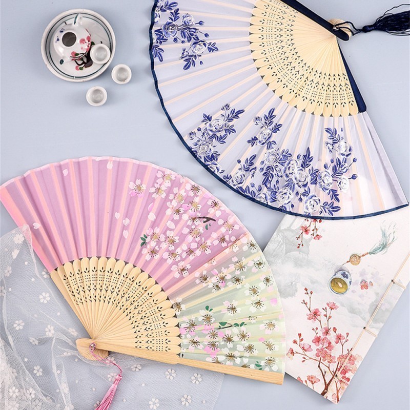 【New Arrival】Vintage Silk ClothPrinting Folding Hand Fan with Tassel ...