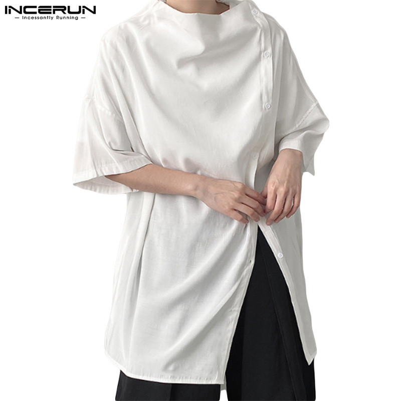INCERUN Men Korean Fashion Side Placket Half Sleeve Solid Colour Shirts ...