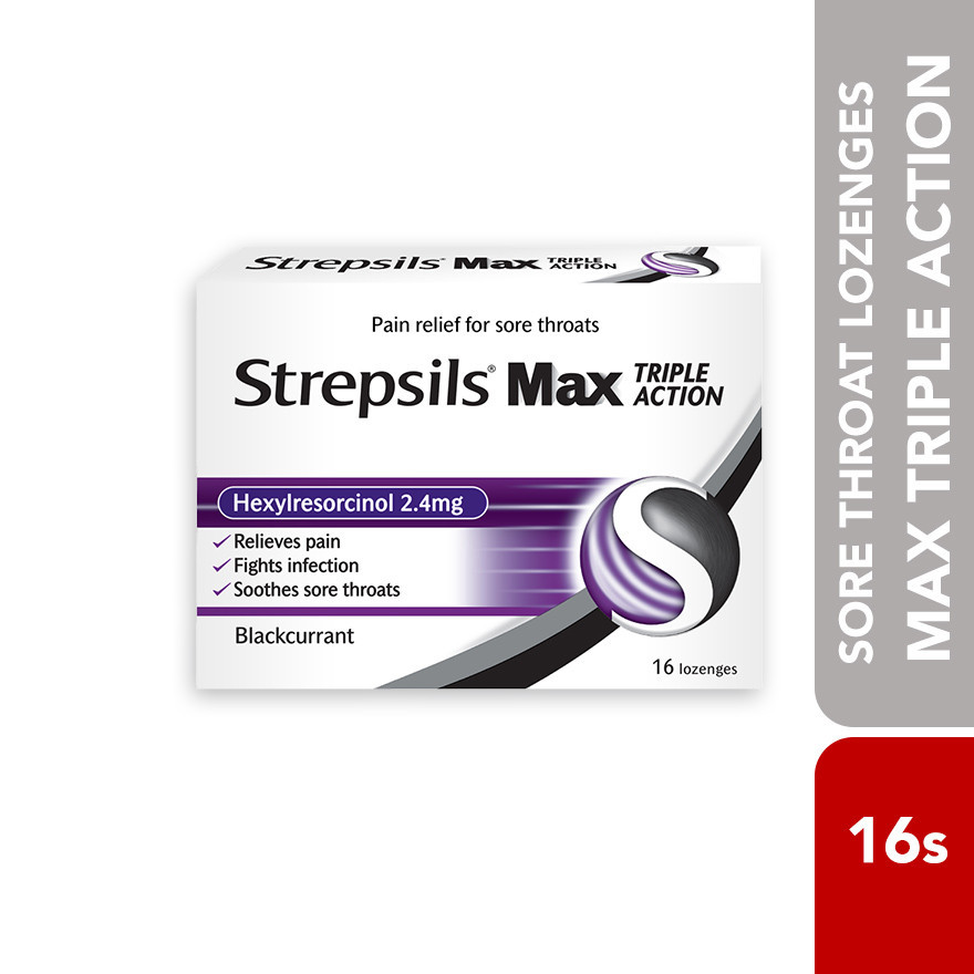 STREPSILS Sore Throat Lozenges Max Triple Action Blackcurrant 16s ...