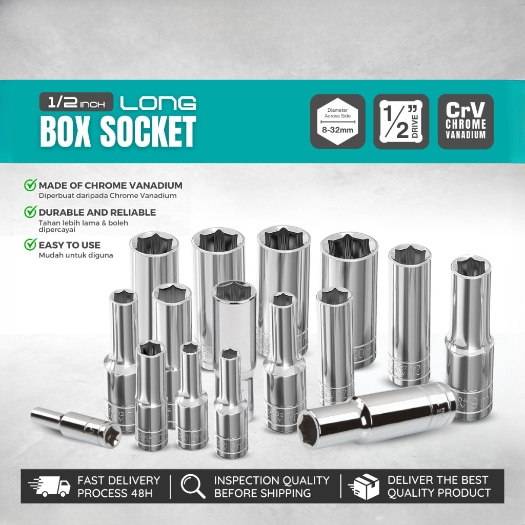 1/2" CRV Long Box Socket Impact Socket 6-Points Hexagon Heavy Duty for ...