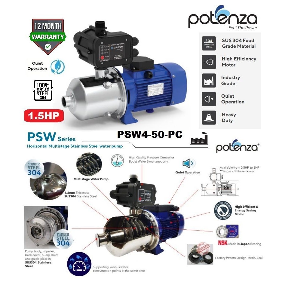 Potenza PSW-4-50 PC-Auto Multi-Stage S/Steel Domestic Pump 1.5Hp / 1 ...