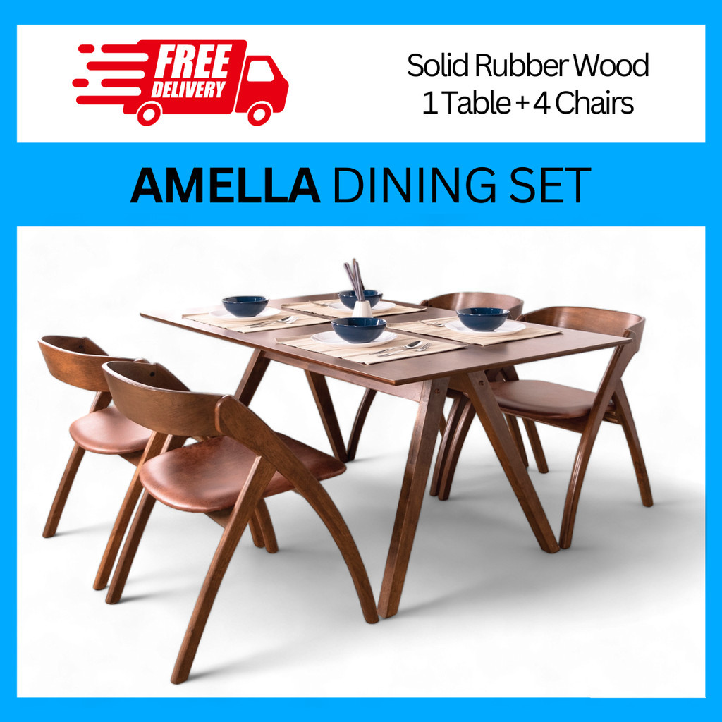 Amella Solid Rubberwood Medium Brown Dining Set 4+1 | Shopee Malaysia