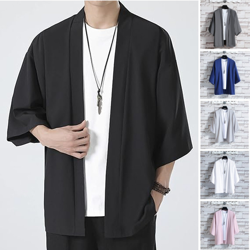 Plus size Men's Japanese Kimono Cardigan Loose Ice Silk 3/4 Sleeve Open ...