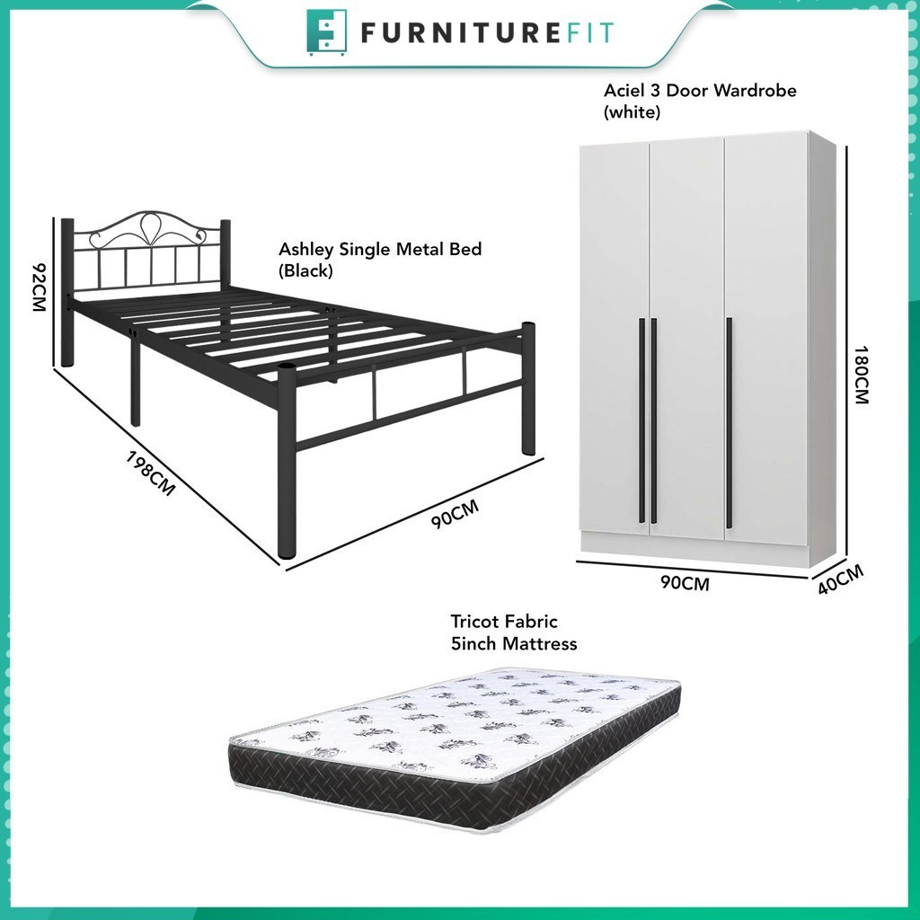 FurnitureFit Single Bedroom Set Metal Bed With 2/3 Doors Wardrobe and ...