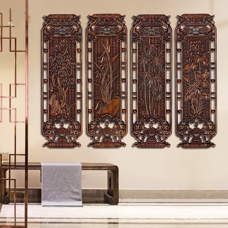 Set Skrin Ukiran Kayu Kapur barus Gaya Cina Dongyang Empat untuk Pintu ...