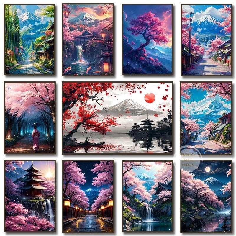 Seni dinding kanvas lanskap kuil Sakura tasik bunga sakura Jepun untuk ...