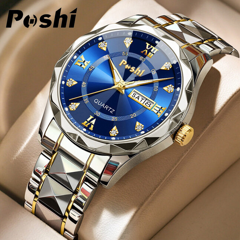POSHI Original Luxury Dual Calendar Stainless Steel Fashion Men Watch ...