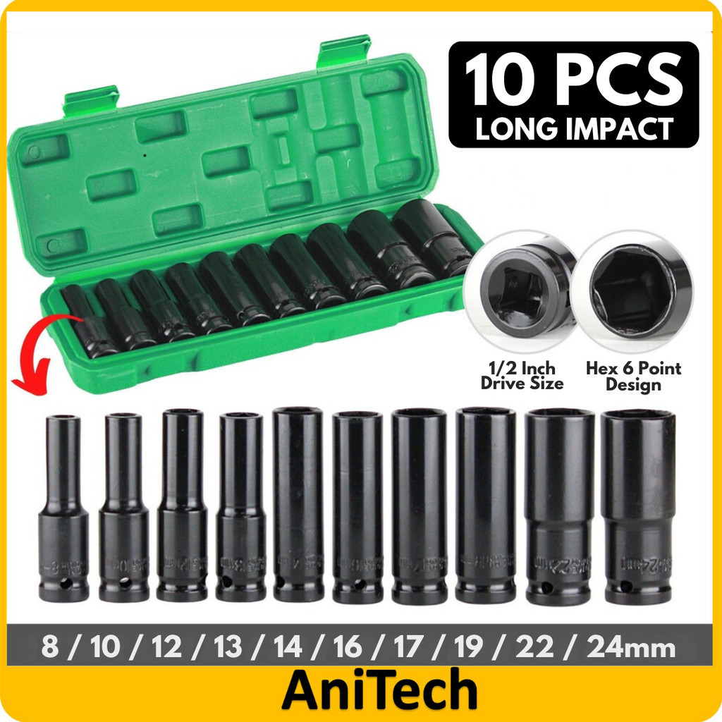 10PCS 1/2 Inch Long Impact Socket Set Black Deep Box Set Tool Set ...