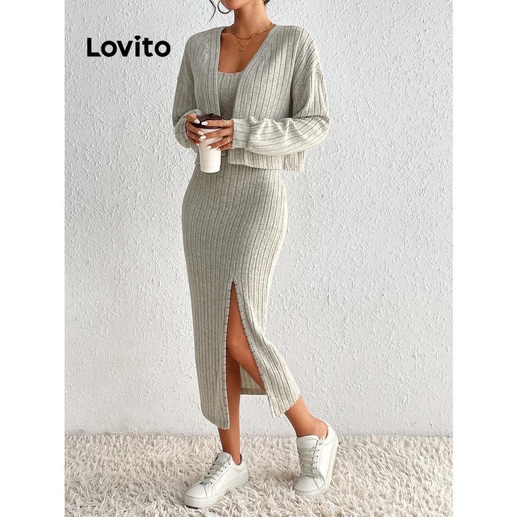 Lovito Casual Plain Rib-Knit Split Front Skirt Sets for Women LNL59056 | Shopee Malaysia