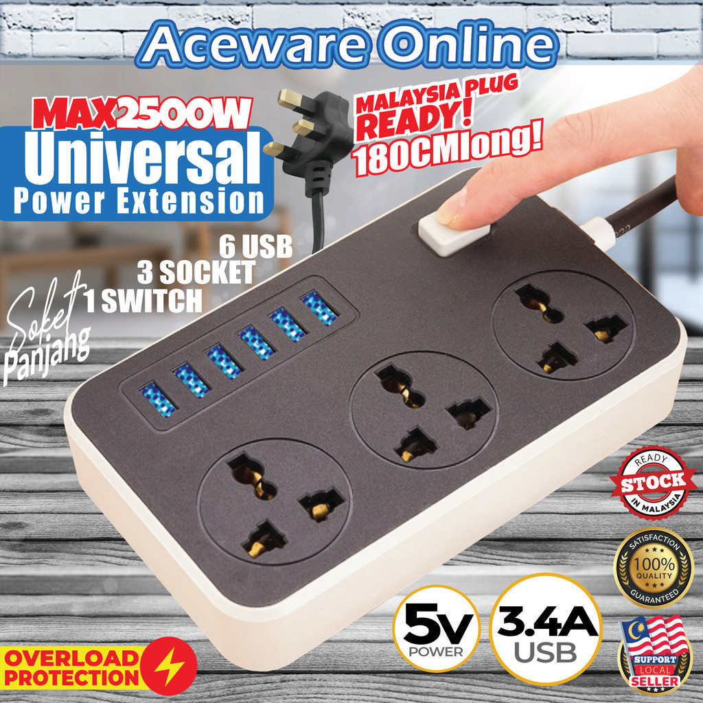 6 USB Port 3 Universal Power Strip Extension Plug Power Socket Electric ...