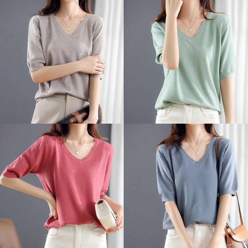 V-Neck Silk T-Shirt Plain Color Soft Fabric Comfortable To Wear Large ...