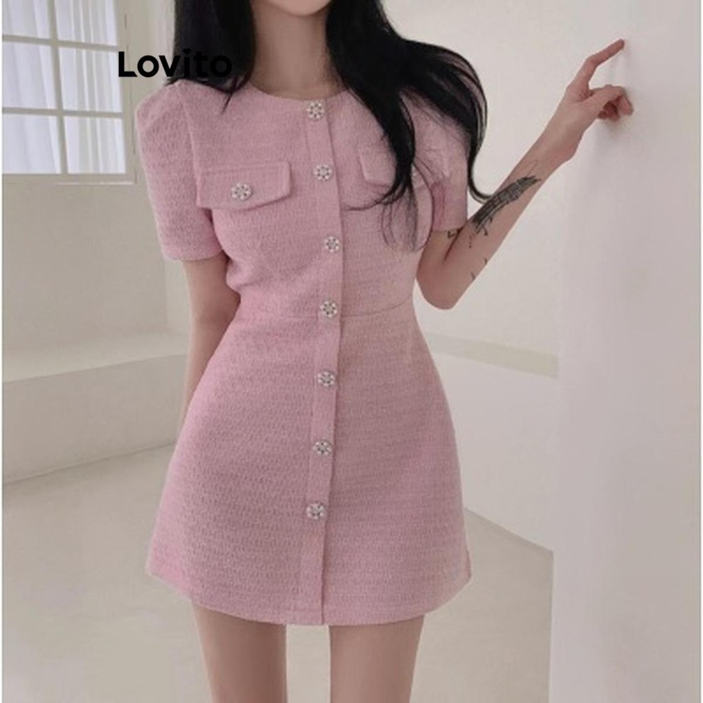 Lovito Elegant Plain Fake Pocket Dress for Women LNE55661 Lovito Gaun ...
