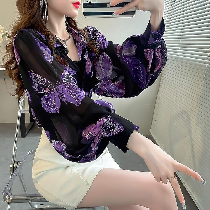 Cetakan rama-rama ungu yang melamun, baju wanita chiffon, tiga dimensi ...