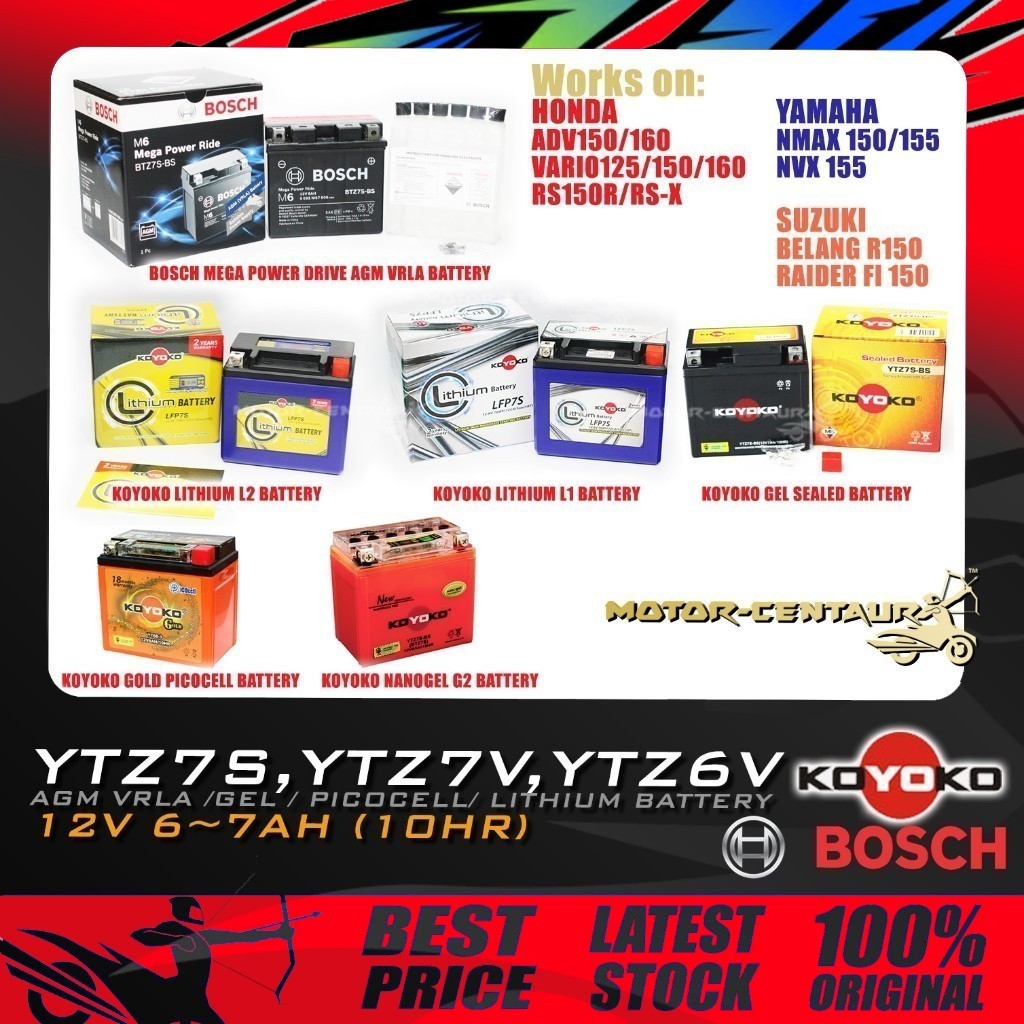 BATERI MOTOSIKAL KOYOKO/BOSCH LITHIUM/GEL/AGM BATTERY YTZ7S,YTZ6V,YTZ7V ...