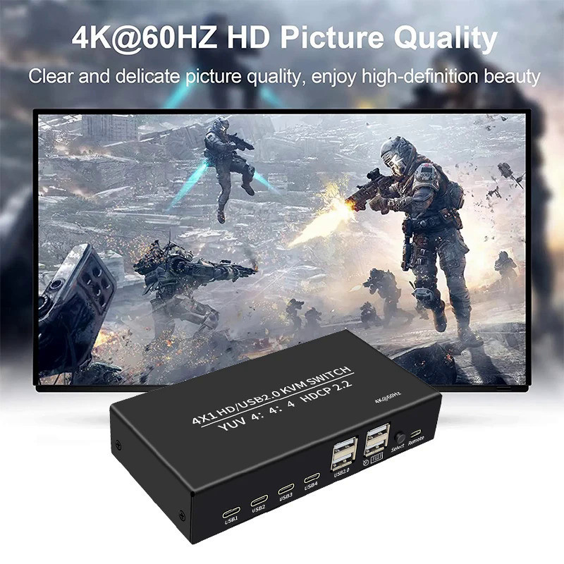 4K 60Hz HDMI KVM Switch 4x1 KVM HDMI USB Switch 4 in 1 out with 4-port ...