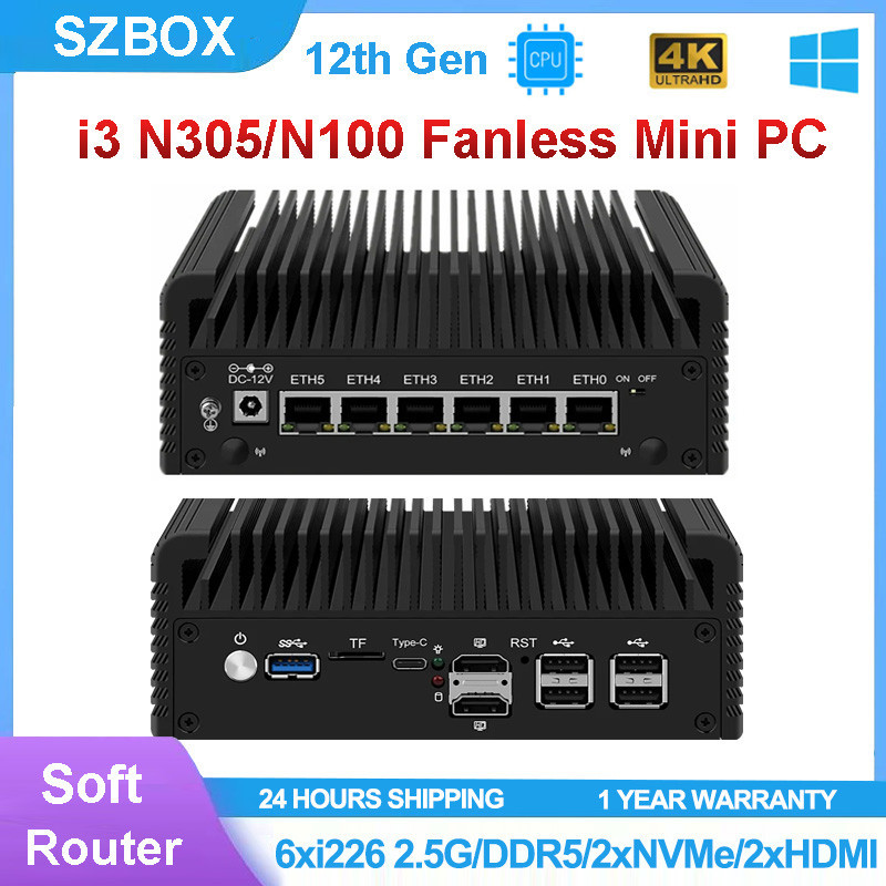 6x i226-V LAN 2.5G Firewall Intel i3 N305/N100 Fanless DDR5 Type-C ...