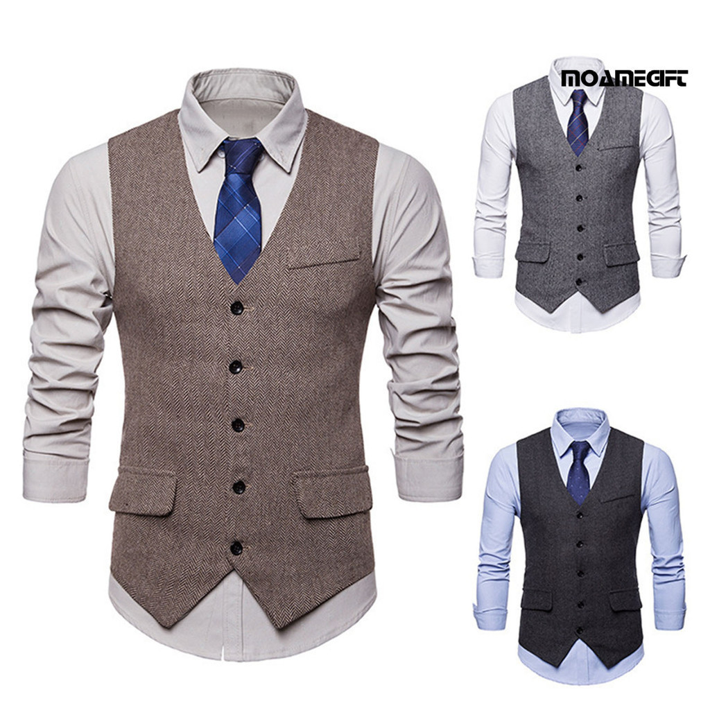 [MOA] Sleeveless Flap Pockets Suit Vest Simple Solid Color Men Formal ...