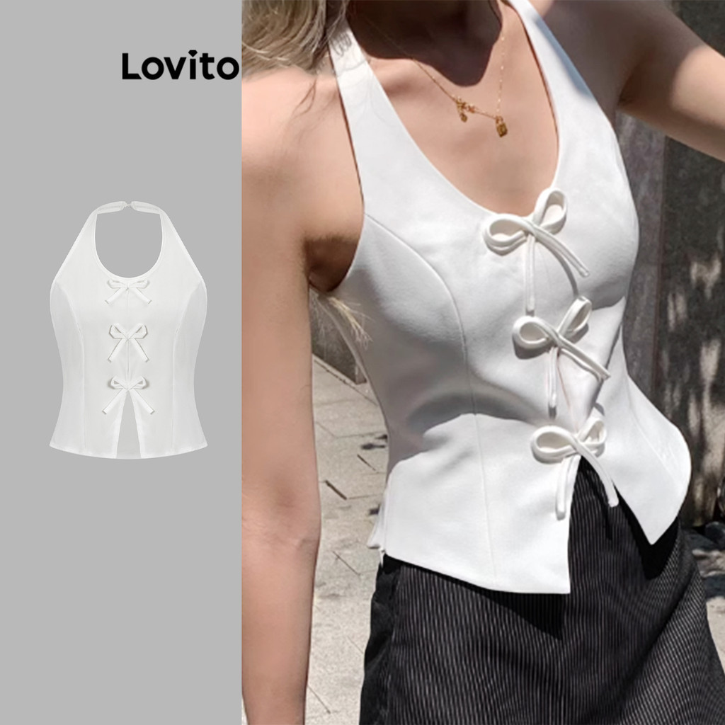 Lovito Casual Tank Top Plain Bow Split Front Tank Top for Women ...