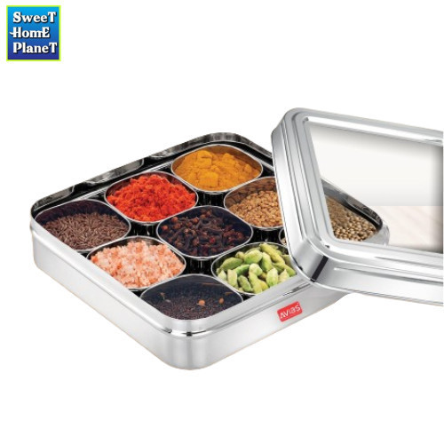 Square Stainless Steel Spice Box With Glass Lid Dry Fruit Cum Spice Box ...