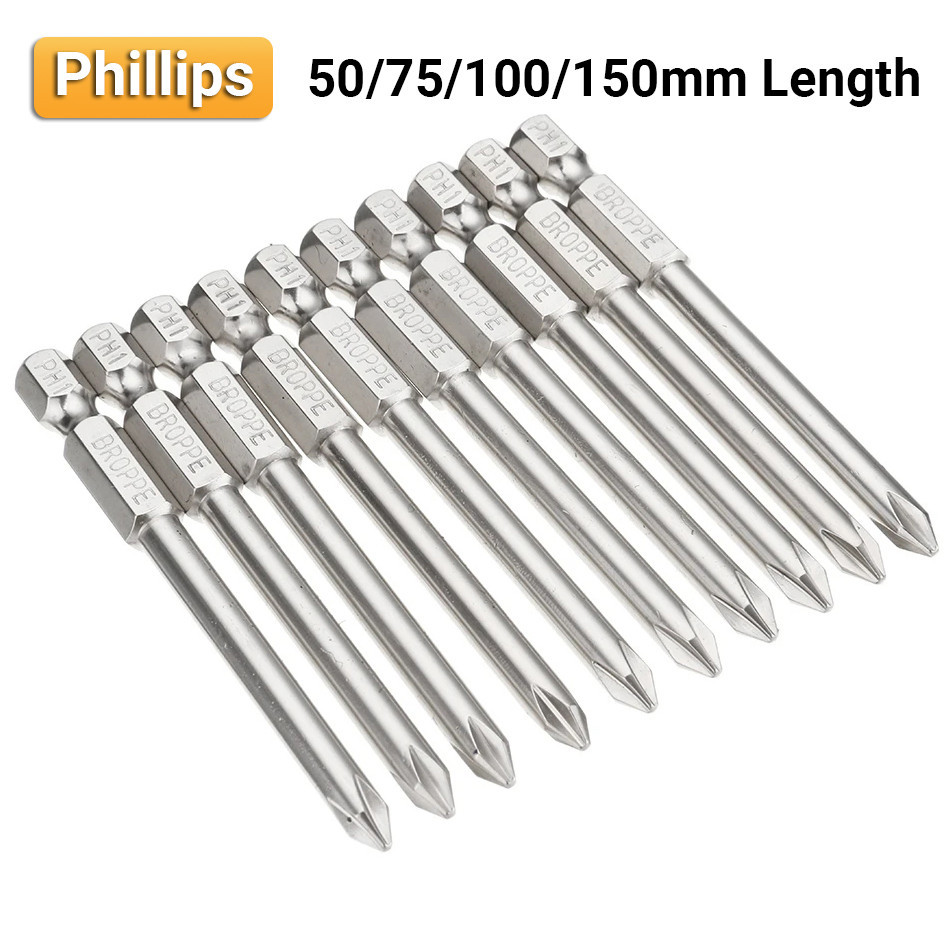 10Pcs Phillips Cross Screwdriver Bit 50/75/100/150mm Length PH1/PH2, Magnetic S2 Steel 1/4" Hex ...