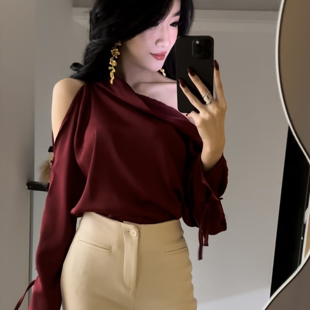 French Red Off-the-Shoulder Long-Sleeved Shirt Women Autumn Pure Desire ...