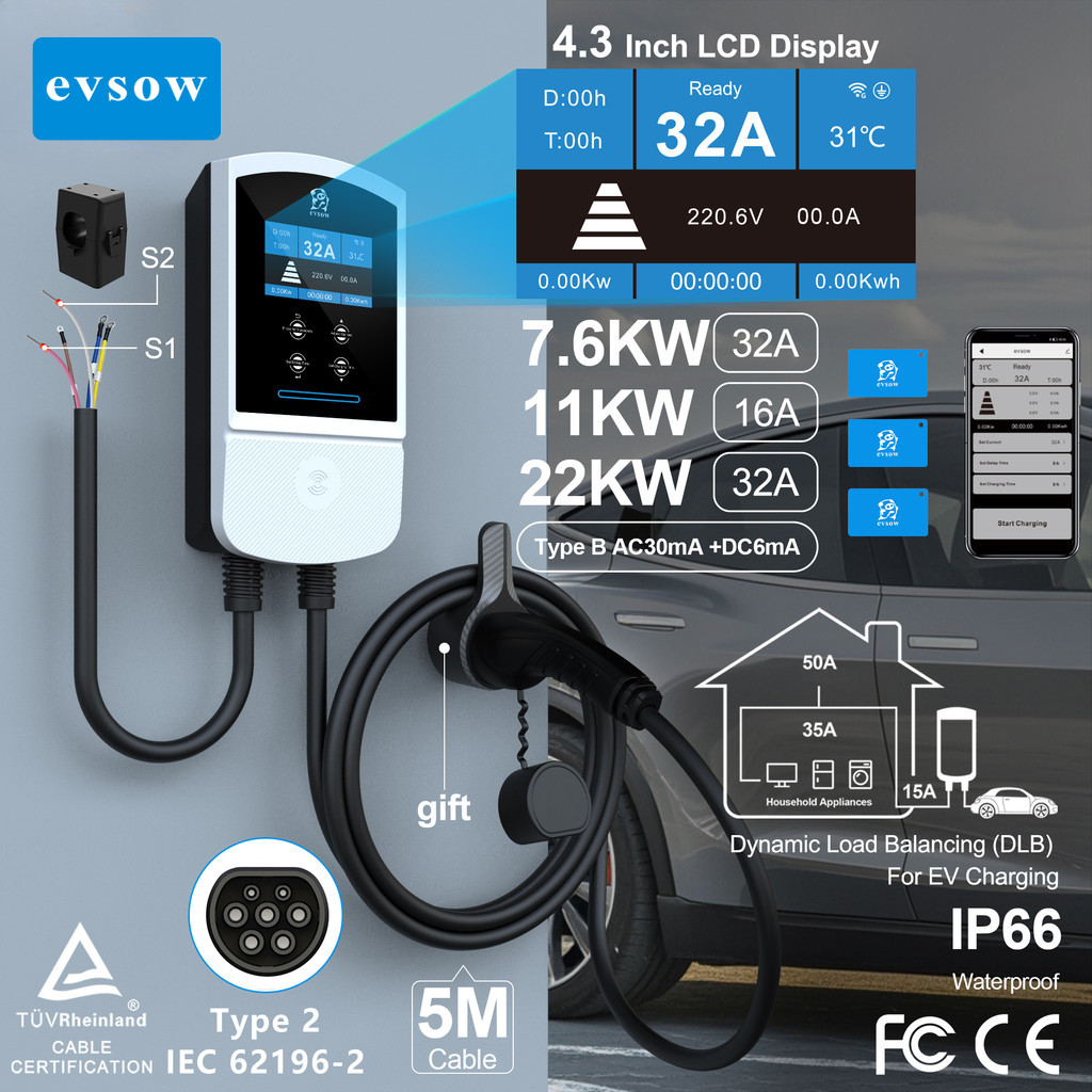 evsow 7.6KW EV Charger Type2 32A 3P 4.3inch Screen Dynamic Load ...
