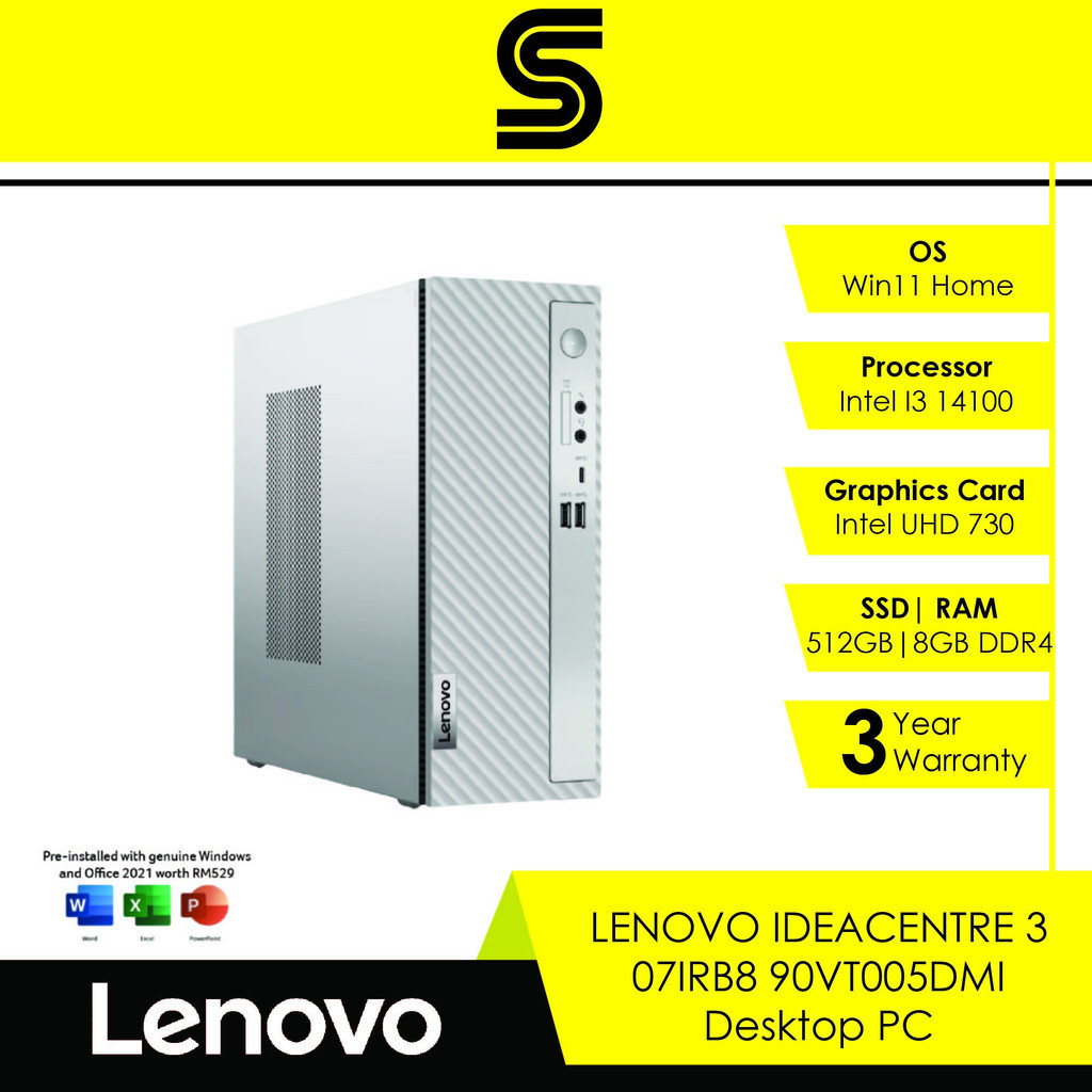 LENOVO IDEACENTRE 3 07IRB8 90VT005DMI Desktop PC (I3-14100/8GB DDR4/512GB SSD/UHD 730/Win11 Home ...