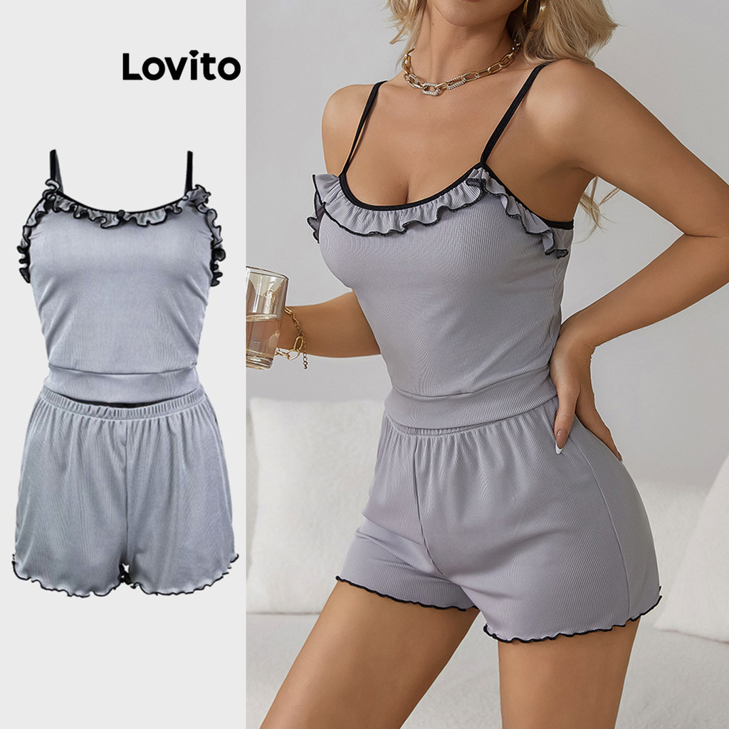 Lovito Casual Plain Ruffle Neck Colorblock Pajama Sets for Women ...