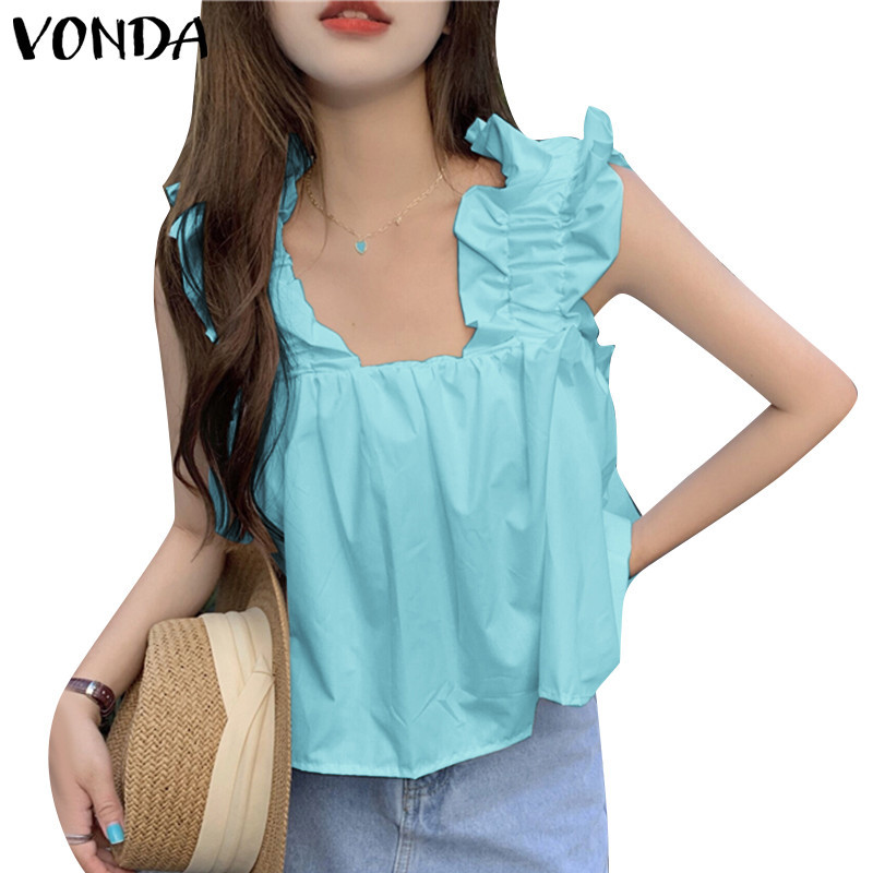 VONDA Women Korean Casual Square Neck Ruffled Short Sleeve Loose ...